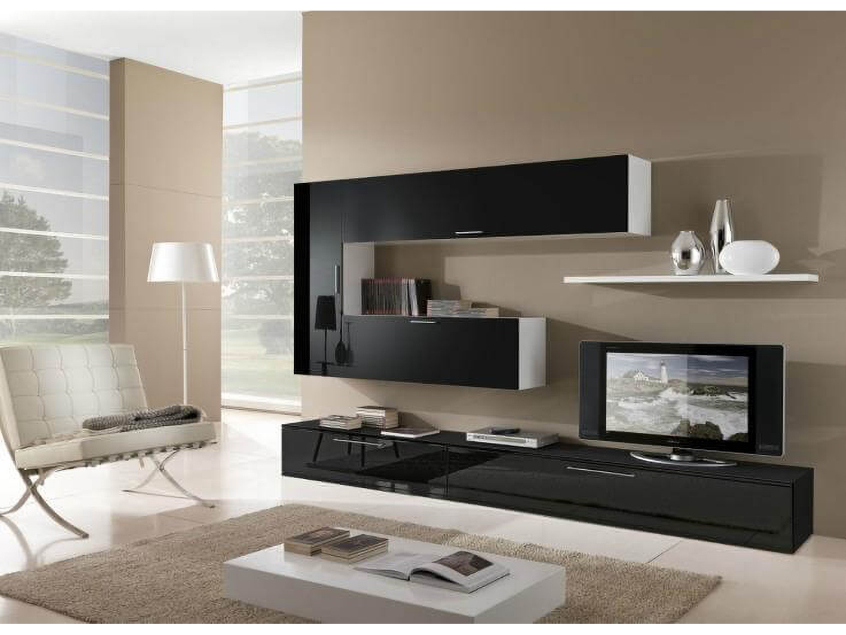 Living comandă București din pal alb și MDF melaminat negru lucios